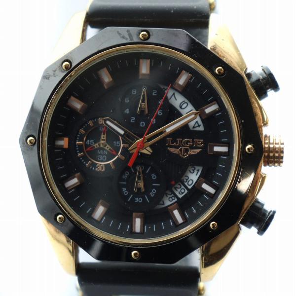 リジェ LIGE 腕時計 ウォッチ クォーツ ロゴ クロノグラフ カレンダー付き 黒 ブラック ゴールド色 6181WM1 ■GY11 /MQ メンズ【表記サイズ】実寸サイズをご参考ください。【実寸サイズ】バンド幅：約2cm　腕周り：約18...