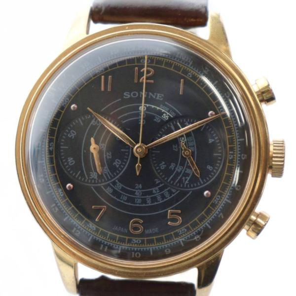 SONNE ゾンネ H1001 腕時計 ウォッチ クォーツ 黒文字盤 レザーベルト ゴールド色 ■GY18 /MQ メンズ【表記サイズ】実寸サイズをご参考ください。【実寸サイズ】バンド幅：約1.6cm　腕周り：約20cm　ケース・タテ：約3...