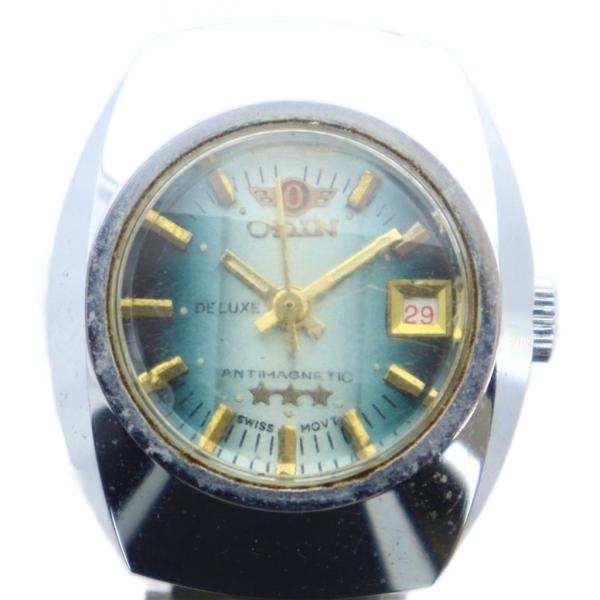 オーディン O-DIN DELUX ANTIMAGNETIC デラックス ジャンク品 腕時計 ウォッチ 手巻き 青文字盤 カレンダー付き シルバー色【表記サイズ】実寸サイズをご参考ください。【実寸サイズ】バンド幅：約1cm　腕周り：約16....