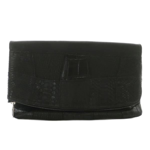 サトウミツオ satoh mitsuo クラッチバッグ セカンドバッグ 二つ折り クロコダイル パイソン レザー パッチワーク 黒 ブラック【実寸サイズ】ヨコ：30cm　タテ：19cm　マチ：-cm　　【素材】クロコダイル 　パイソン 　レ...