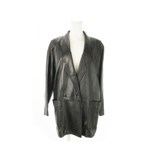 ノーブランド レザージャケット テーラード ダブル ラムレザー 羊革 F 黒 ブラック /AO14 ■GY18 レディース【表記サイズ】F【実寸サイズ】身幅：60cm　着丈：78cm　ゆき丈：80cm　　【素材】表地　羊革　　裏地　キュプラ...