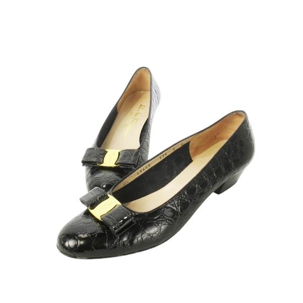 サルヴァトーレフェラガモ Salvatore Ferragamo BOUTIQUE VARA パンプス レザー 革 クロコ型押し ヴァラリボン ロゴ 大きいサイズ 8 黒【ブランド】サルヴァトーレフェラガモ Salvatore Ferrag...