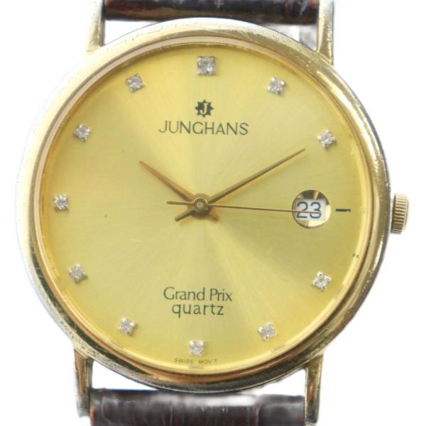 ユンハンス JUNGHANS EWJG-11026M 腕時計 ウォッチ クォーツ カレンダー付き レザーベルト ゴールド色 ■GY18 /MQ メンズ【表記サイズ】実寸サイズをご参考ください。【実寸サイズ】バンド幅：約1.5cm　腕周り：約...