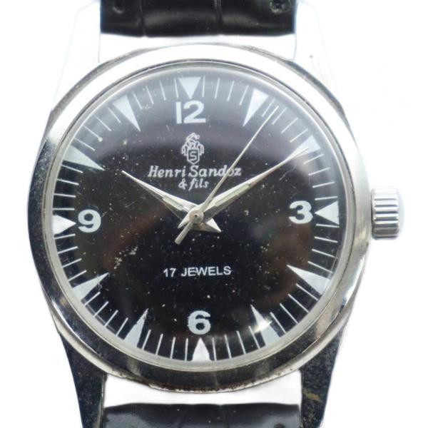 ヘンリー サンドス  Henri Sandoz 1761-Y88 腕時計 ウォッチ 手巻き レザーベルト 黒文字盤 シルバー色 ■GY18 /MQ メンズ【表記サイズ】実寸サイズをご参考ください。【実寸サイズ】バンド幅：約1.5cm　腕周り...