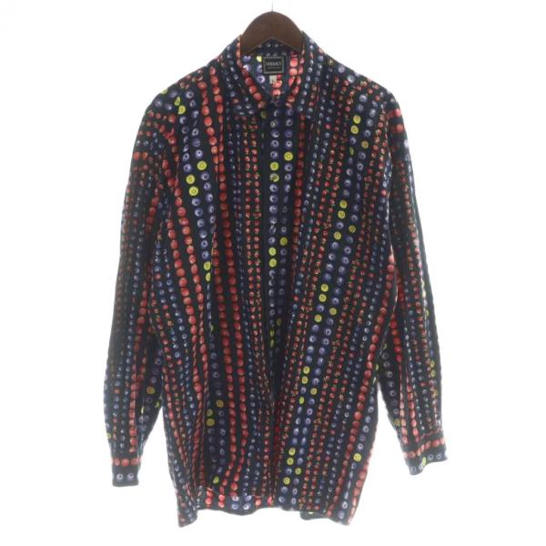 ヴェルサーチジーンズ イタリア製 カジュアルシャツ グラフィックプリントシャツ 長袖 果物柄 総柄 L 黒 ブラック /MW ■GY18  メンズ【ブランド】ヴェルサーチジーンズ VERSACE JEANS COUTURE【表記サイズ】L【...