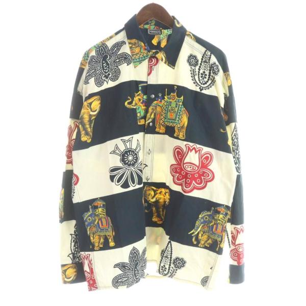 ヴェルサーチジーンズ イタリア製 カジュアルシャツ グラフィックプリントシャツ 長袖 総柄 エレファント フラワー L 黒【ブランド】ヴェルサーチジーンズ VERSACE JEANS COUTURE【表記サイズ】L【実寸サイズ】肩幅：64c...
