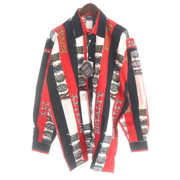 未使用品 ヴェルサーチジーンズ イタリア製 カジュアルシャツ グラフィックプリントシャツ 長袖 総柄 ストライプ M 黒 赤【ブランド】ヴェルサーチジーンズ VERSACE JEANS COUTURE【表記サイズ】M【実寸サイズ】肩幅：62...