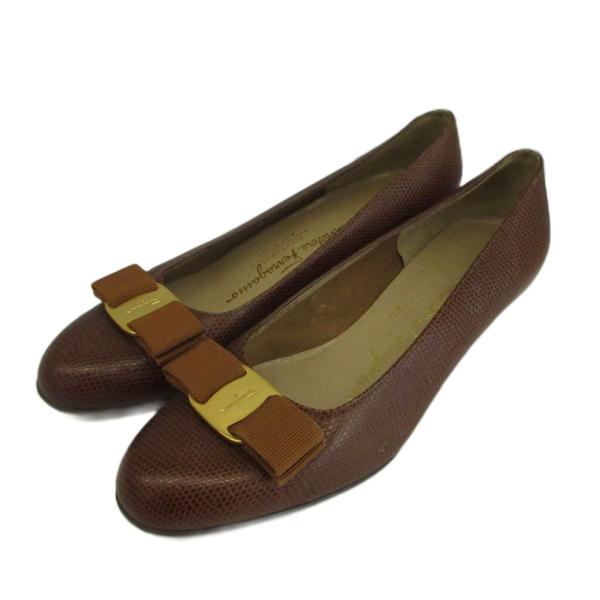 Salvatore Ferragamo ヴァラ VARA パンプス レザー リザード型押し ラウンドトゥ ローヒール リボン ロゴ 6 23.5cm 茶色【ブランド】サルヴァトーレフェラガモ Salvatore Ferragamo【表記サイ...