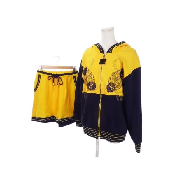 アンドレルチアーノ ANDRE LUCIANO セットアップ スウェット ジップアップパーカー 長袖 ショートパンツ ライン ラメ ロゴ 黄【表記サイズ】サイズ表記なし(実寸サイズをご参考ください。)【実寸サイズ】ジャケット 肩幅：52cm...