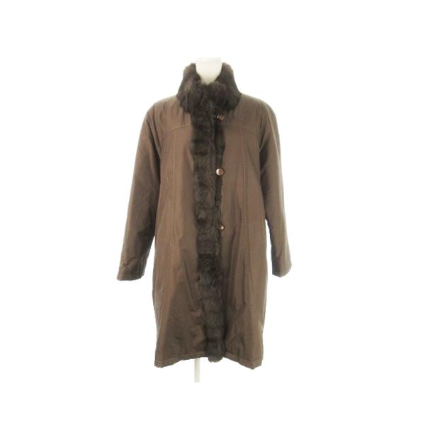 ノーブランド ファーコート 中綿 ロング丈 スタンドカラー 絹 シルク ラビットファー 毛皮 ステッチ F 茶 ブラウン /AO14 ■GY99【表記サイズ】Fバスト 79〜94身長 154〜162【実寸サイズ】肩幅：35cm　身幅：61c...