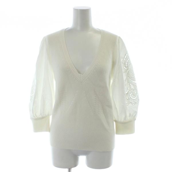 ツインセット TWINSET ニット ブラウス 切替  M 白 ホワイト Vネック 七分袖 袖刺繍 /KW ■GY99 レディース【表記サイズ】M【実寸サイズ】肩幅：31cm　身幅：39cm　着丈：50cm　袖丈：45cm　　【素材】コット...