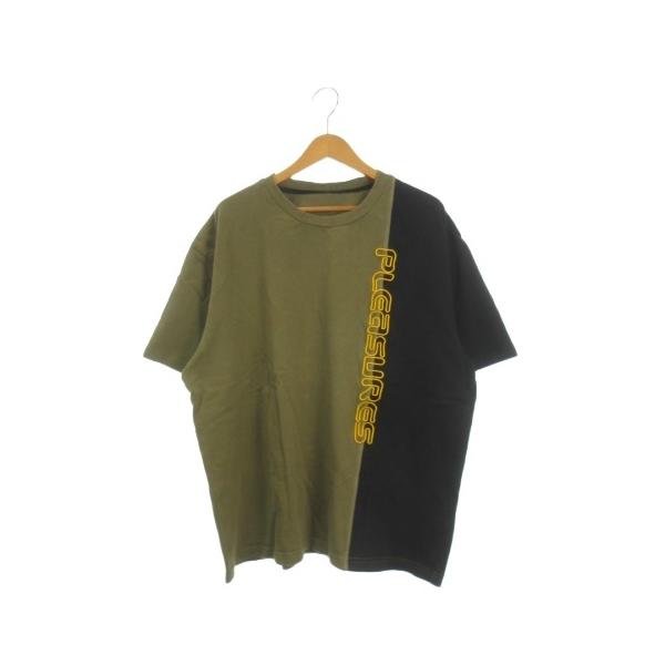 プレジャーズ PLEASURES Tシャツ 半袖 ロゴ 刺繍 バイカラー 緑 グリーン 黒 ブラック /AH24 ■GY99 メンズ【表記サイズ】サイズ表記なし(実寸サイズをご覧ください)【実寸サイズ】肩幅：55cm　身幅：60cm　袖丈：...