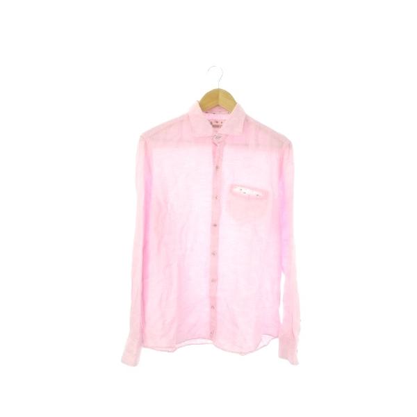 プランディ PRANDI リネンシャツ 麻 M ピンク 長袖 ワンポイント /AO16 ■GY99 メンズ【表記サイズ】M【実寸サイズ】肩幅：44cm　身幅：52cm　袖丈：62.5cm　着丈：72.5cm　　【素材】麻 【色】ピンク【状態...
