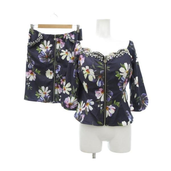 未使用品 sobre セットアップ ブラウス ミニスカート ジップアップ オフショルダー ビジュー 花柄 L 紺 ネイビー【表記サイズ】L【実寸サイズ】身幅：40cm　着丈：39cm　ゆき丈：45cm　スカート　ウエスト 66cm　ヒップ ...