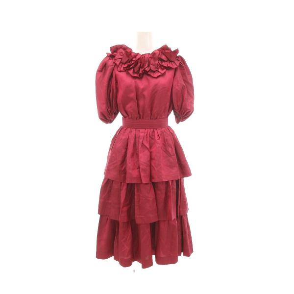 LUIS ESTEVEZ ドレス フリルワンピース 半袖 9 ワインレッド サテン ベルト付き /UO レディース【表記サイズ】9【実寸サイズ】肩幅：35cm　身幅：43cm　袖丈：32cm　総丈：110cm　　【素材】表地 ポリエステル　...