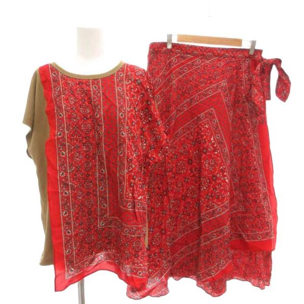 未使用品 ピサーノ PISANO タグ付き セットアップ Tシャツ カットソー ラップスカート L 総柄 赤 レッド /AE レディース【表記サイズ】L【実寸サイズ】身幅：57cm　着丈：63cm　ゆき丈：39cm　スカート　ウエスト80c...