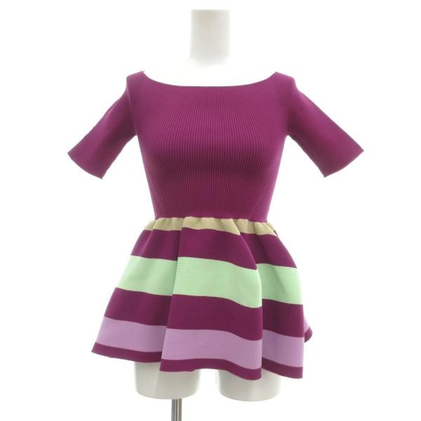 シーエフシーエル CFCL 美品 POTTERY HS OFF SHOULDER SHORT SLEEVE TOP リブ編み ニット カットソー ボーダー柄 ペプラム F 紫【ブランド】シーエフシーエル CFCL【表記サイズ】F【実寸サイズ...