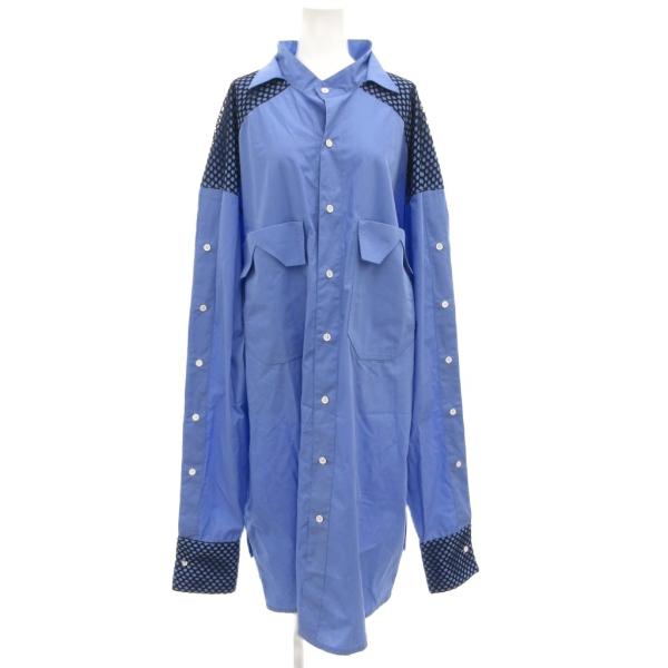 リーズ lees 伊勢田 優 SHIRT オーバーサイズシャツ F ロング丈 長袖 メッシュ切替 青 ブルー 黒 ブラック /GV メンズ レディース【表記サイズ】F【実寸サイズ】肩幅：69cm　身幅：72cm　着丈：79cm　袖丈：103...