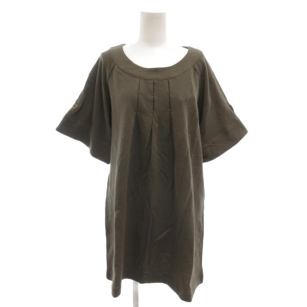 未使用品 グリーンノート gree*n[nout] タグ付き チュニック カットソー 五分袖 タック 裏毛 袖裏チェック 大きいサイズ 15 カーキ【表記サイズ】15【実寸サイズ】身幅：50cm　着丈：76cm　ゆき丈：32cm　　【素材】...