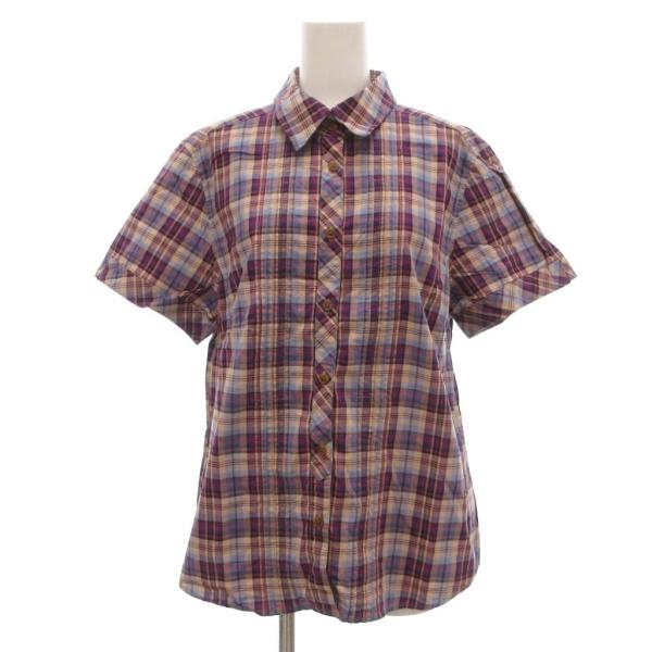 グリーンノート gree*n[nout] シャツ 大きいサイズ 15 ベージュ パープル ブルー チェック柄 半袖 /UO レディース【表記サイズ】大きいサイズ 15【実寸サイズ】肩幅：42cm　身幅：49cm　袖丈：19cm　着丈：61c...