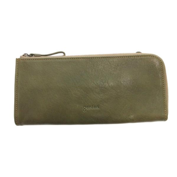ゲンテン genten 長財布 ウォレット L字ファスナー やぎ革 レザー カーキ /FF レディース【ブランド】ゲンテン genten【実寸サイズ】ヨコ：19.5cm　タテ：9.5cm　マチ：2cm　　【素材】ヤギ革【色】カーキ【状態】使...