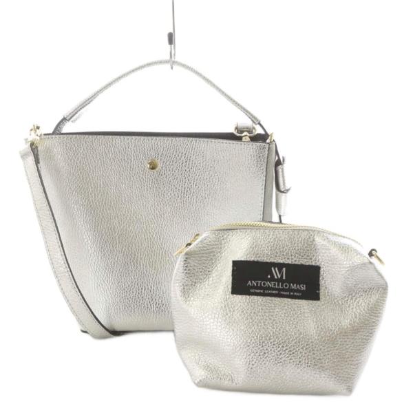 アントネッロ マージ ANTONELLO MASI ハンドバッグ ショルダーバッグ 2way レザー シルバー色 /AN4 レディース【実寸サイズ】持ち手の長さ：約27cm　ヨコ：約15〜26.5cm　タテ：約20.5cm　マチ：約13.5...