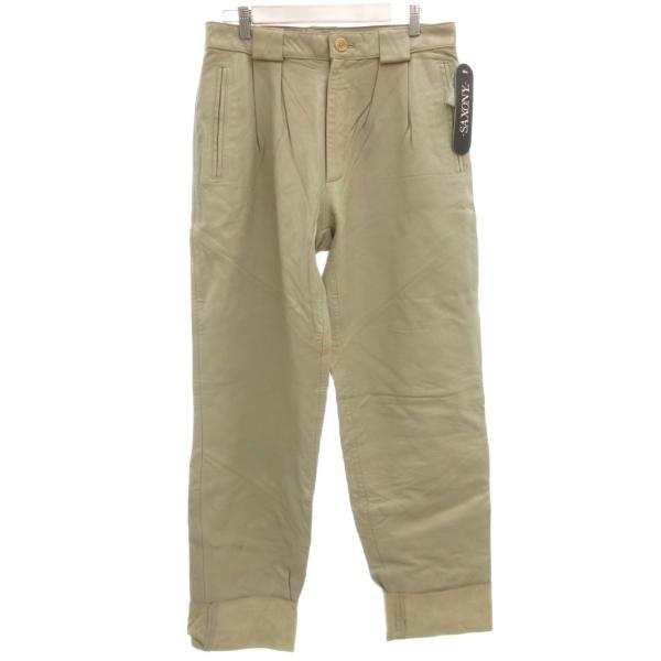 未使用品 SAXONY タグ付き レザー パンツ 34 ベージュ系 タック入り ロールアップ 切り替えデザイン /SC ■GY06 メンズ【表記サイズ】34【実寸サイズ】ウエスト：77cm　もも幅：37cm　裾幅：20cm　股上：38cm　...