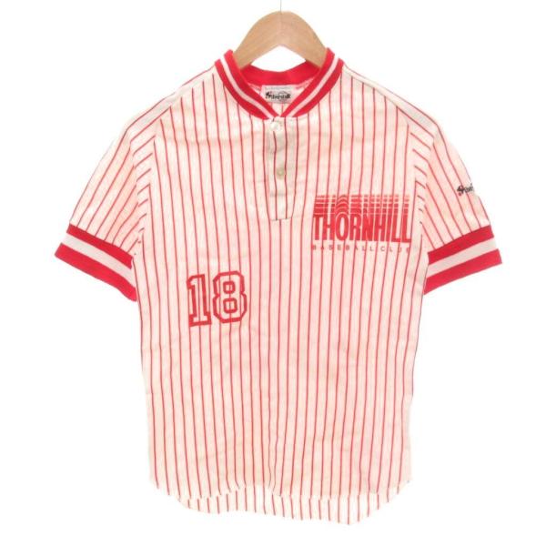 シルバースター SILVERSTAR ベースボールシャツ L 赤 レッド 縦ストライプ柄 ポロ襟 半袖 /SJ ■GY06 メンズ【表記サイズ】L【実寸サイズ】身幅：42cm　着丈：67cm　ゆき丈：44cm　　【素材】本体 ナイロン コッ...