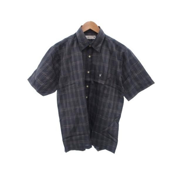 未使用品 ライル&amp;スコット LYLE&amp;SCOTT タグ付き シャツ リネン混 L 紺 ネイビー チェック柄 ロゴ刺繍 半袖 /YF ■GY06 メンズ【ブランド】ライル&amp;スコット LYLE&amp;SCOTT【表記サ...