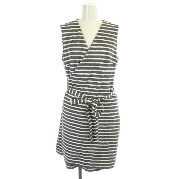 ハーヴェイフェアクロス Harvey faircloth ボーダー柄巻きノースリーブロングカーディガン ラップ M 紺 アイボリー ネイビー【表記サイズ】M【実寸サイズ】身幅：47cm　総丈：86cm　　【素材】ポリエステル47% レーヨン...