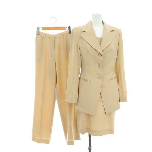 エポレーヌ epolene 3点セット セットアップ 上下 ジャケット パンツ ワンピース 半袖 ひざ丈 9AR ベージュ ■SH レディース【表記サイズ】9AR （日本サイズM相当）【実寸サイズ】ウエスト：58cm　もも幅：23.5cm　...