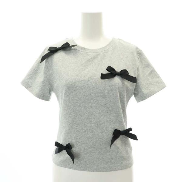 アシーム ACYM Point ribbon Tシャツ カットソー 半袖 リボン コットン F グレー 黒 ブラック /NR ■OS レディース【表記サイズ】F【実寸サイズ】肩幅：36.5cm　身幅：38.5cm　着丈：42cm　袖丈：16...
