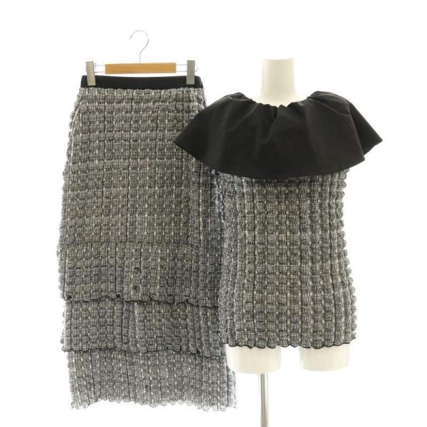 ハイアンド セットアップ 上下 Check melon frill ブラウス ビッグカラー ノースリーブ タイトスカート ロング 黒 ブラック 白 ホワイト /DO ■OS【表記サイズ】ブラウス・スカート 表記なし【実寸サイズ】ウエスト：約...