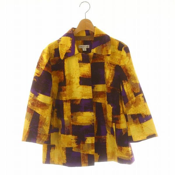 コールドウォータークリーク Coldwater Creek 総柄シングルジャケット ブレザー コットン 14 L 黄 イエロー 紫 パープル レディース【表記サイズ】14（日本サイズL相当）【実寸サイズ】肩幅：約41cm　身幅：約46cm　...