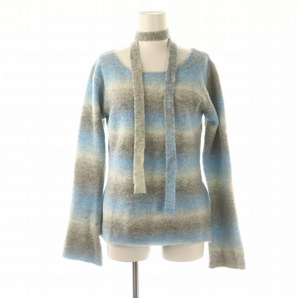 マーガリンフィンガーズ MARGARIN FINGERS ウール グラデーションニット セーター 長袖 リボン付き 水色 グレー 白 /MI ■OS レディース【表記サイズ】表記なし【実寸サイズ】肩幅：37.5cm　身幅：43.5cm　着丈...