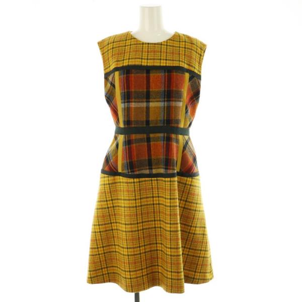 ディーチェカヤック  DICE KAYEK ワンピース ノースリーブ ひざ丈 チェック柄 ウール混 36 S 黄 マスタード イエロー /KO ■OS【表記サイズ】36（S相当）【実寸サイズ】肩幅：約41cm　身幅：約40cm　袖丈：--c...