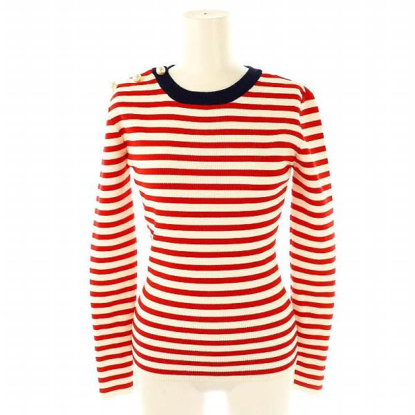 ジェンヌ JENNNE パールポイント ボーダーニット カットソー 長袖 ナイロン M 赤 白 /NR ■OS レディース【表記サイズ】M【実寸サイズ】肩幅：34cm　身幅：36cm　着丈：53.5cm　袖丈：58.5cm　　【素材】ナイロ...