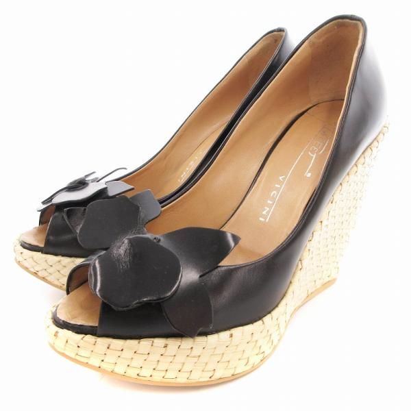 ヴィッチーニ VICINI tapeet ウエッジソールパンプス シューズ リボン オープントゥ 36 黒 ブラック ベージュ /AE レディース【ブランド】ヴィッチーニ VICINI【表記サイズ】36【実寸サイズ】ヒールの高さ：約11.5...