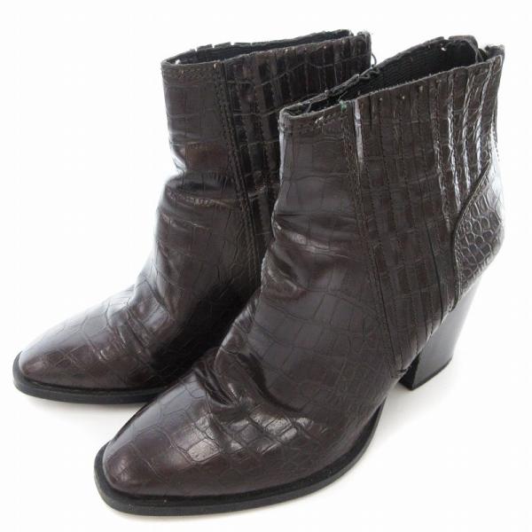 ザラ ZARA ブーティ チャンキーヒール ラウンドトゥ 型押し レザー 35 茶 ブラウン /OU ■SH レディース【ブランド】ザラ ZARA【表記サイズ】35【実寸サイズ】履き口周り：約24cm　筒高：約10cm　ヒールの高さ：約7....