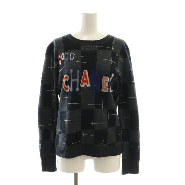 シャネル CHANEL カシミヤロゴニット セーター 長袖 ロゴ バックボタン 38 M グレー 黒 ブラック P71432K10264 /AQ ■OS レディース【ブランド】シャネル CHANEL【表記サイズ】38(日本サイズM相当）【実...