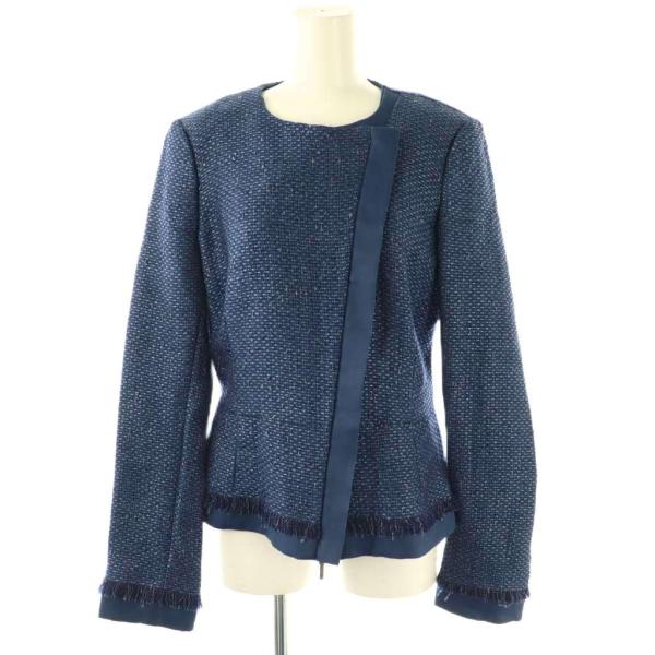 パオラフラーニ PAOLA FRANI ジップアップ ツイード ノーカラージャケット 42 ネイビー /ES ■OS レディース【ブランド】パオラフラーニ PAOLA FRANI【表記サイズ】42【実寸サイズ】肩幅：39cm　身幅：44.5...