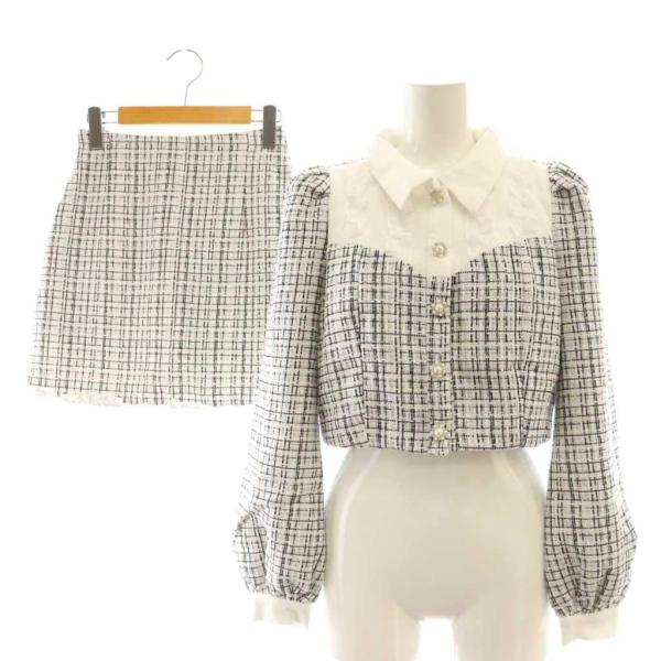 ロゼミューズ Rose Muse many frills tweed mini set up セットアップ シャツ ミニスカート S ホワイト ブラック /DF ■OS レディース【表記サイズ】S【実寸サイズ】肩幅：28cm　身幅：45cm...