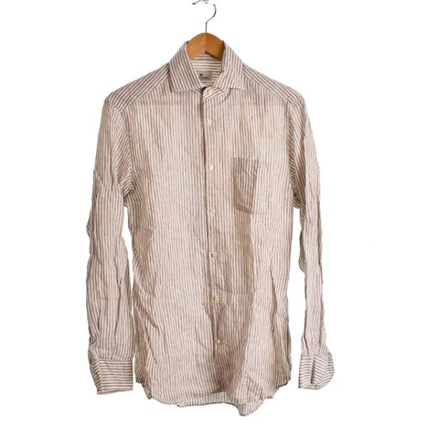 ANTONIO LAVERDA アントニオラヴェルダ リネン ストライプ 長袖シャツ M 白 茶 ■SH ■FY メンズ【表記サイズ】M【実寸サイズ】肩幅：39cm　身幅：49cm　着丈：79cm　袖丈：63cm　　【素材】リネン100％【...