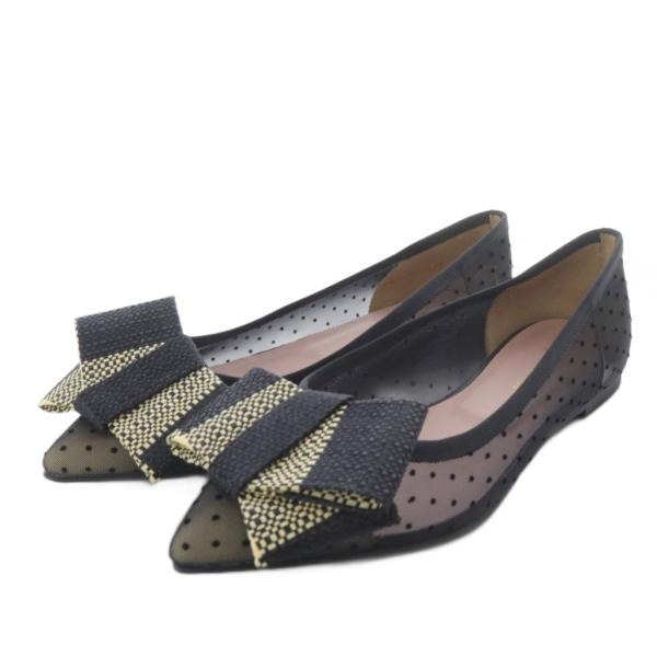 未使用品 プリティバレリーナ Pretty Ballerinas パンプス フラット ポインテッドトゥ ドット メッシュ リボンモチーフ 37 ブラック /YO5 【表記サイズ】37【実寸サイズ】ヒールの高さ：0.6cm　最大幅：7.5cm...