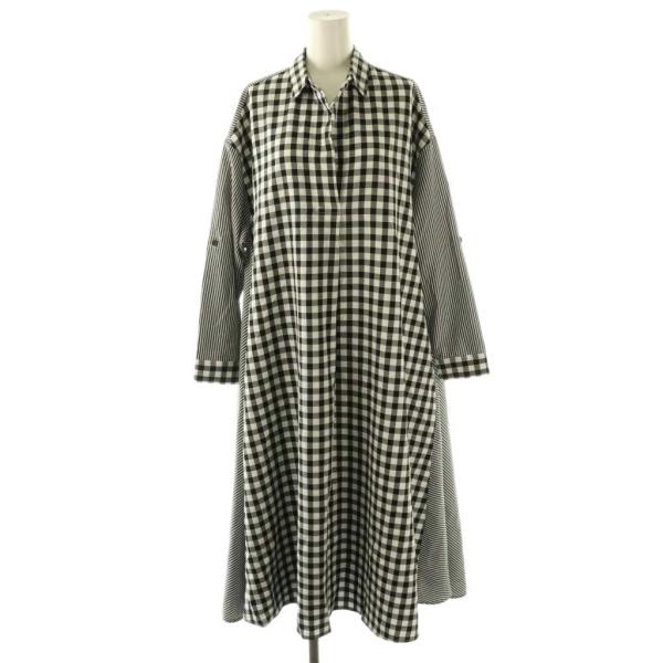 モニーレ MONILE チェックストライプ切替ワンピース F ブラック ホワイト グレー /DO ■OS レディース【表記サイズ】F【実寸サイズ】肩幅：54cm　身幅：60.5cm　袖丈：47.5cm　総丈：114cm　　【素材】ポリエステ...