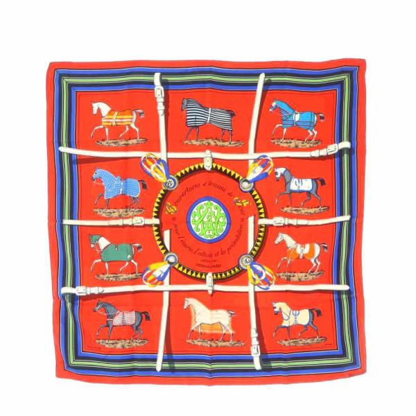 エルメス HERMES カレ90 Couvertures et tenues de jour馬着 スカーフ 赤 レッド 青 黄色 馬柄 シルク /RI ■OS レディース【ブランド】エルメス HERMES【実寸サイズ】ヨコ 約88cm タテ...