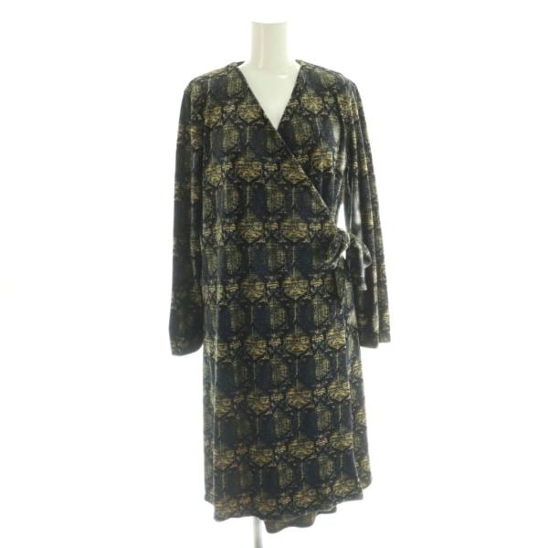 エーアンドジー A&amp;G Love Curves ベロアカシュクールワンピース 総柄 40 紺 黄色 /MI ■OS レディース【表記サイズ】40【実寸サイズ】肩幅：38cm　身幅：41cm　着丈：92.5cm　袖丈：53cm　　【素...