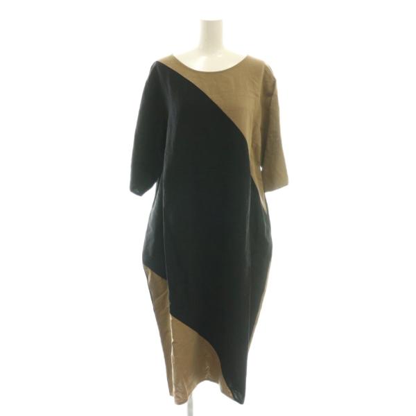 アンブラキアラ Ambra chiara バイカラーワンピース 五分袖 ロング I44 ベージュ 黒 /NR ■OS レディース【表記サイズ】I44【実寸サイズ】肩幅：41cm　身幅：51cm　着丈：104cm　袖丈：30cm　　【素材】布...