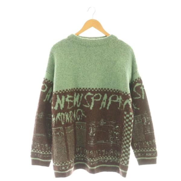 アメリ AMERI 25AW NEWS PAPER JACQUARED KNIT TOP ニット セーター 長袖 ウール F グリーン 茶 0125201810490【表記サイズ】F【実寸サイズ】肩幅：55.5cm　身幅：57.5cm　着丈...