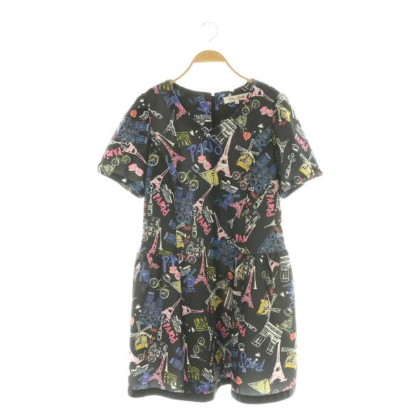 スーパービューティ SuperBeauty PARISプリント ワンピース ひざ丈 総柄 44 ブラック マルチカラー /DF ■OS レディース【表記サイズ】44【実寸サイズ】肩幅：37cm　身幅：46.5cm　着丈：83cm　袖丈：23...